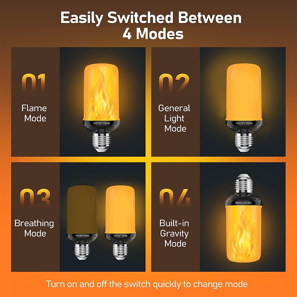 Vicstone Upgraded LED Flame Light Bulbs, 4-Mode Flickering Light Bulbs with Upside Down Effect, E26 27 Fire Light Bulb for Porch Party Patio Home Halloween Christmas Indoor Outdoor, 2 Pack