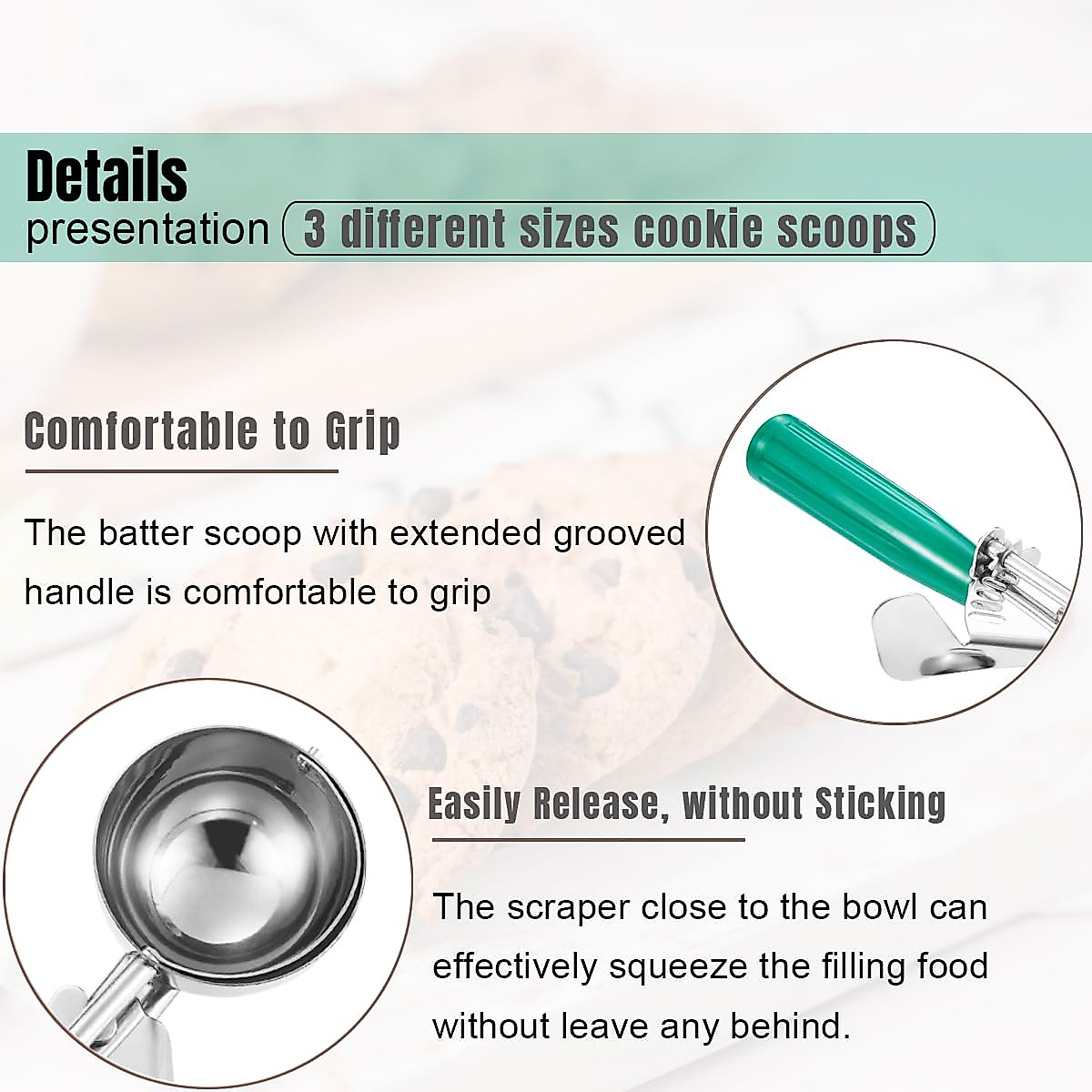 Cookie Scoop Set, Ice Cream Scoop Set, Multiple Size Large-Medium-Small Size Disher, Professional 18/8 Stainless Steel Cupcake Scoop