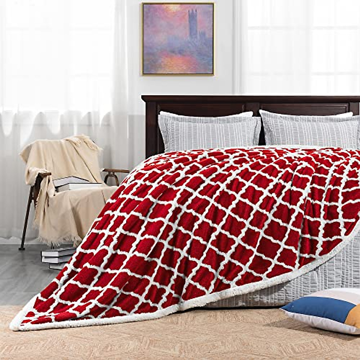 Basic Beyond Fleece Sherpa Throw Blanket - Soft Cozy Red Throw Blanket with 3D Jacquard Design for Couch,Bed,Travel,Camping,Red,50"x60"