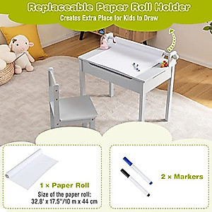 HONEY JOY Kids Table and Chair Set, Wooden Lift-Top Desk & Chair with Storage, Paper Roll Holder & Pen Slot, Activity Table Set for Craft Art, Children Furniture Set for Daycare, Playroom (Gray)