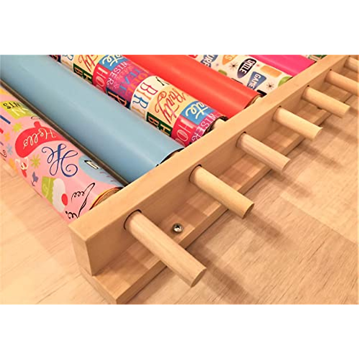 Storage Station, Organizer, Dispensing Rack for Gift Wrapping Paper, Ribbons, Cellophane, Vinyl Rolls, Paper & Other Arts & Crafts Items. Holds 10 Rows. Adjustable Width. Easy Wall Mount. Hardware Included.