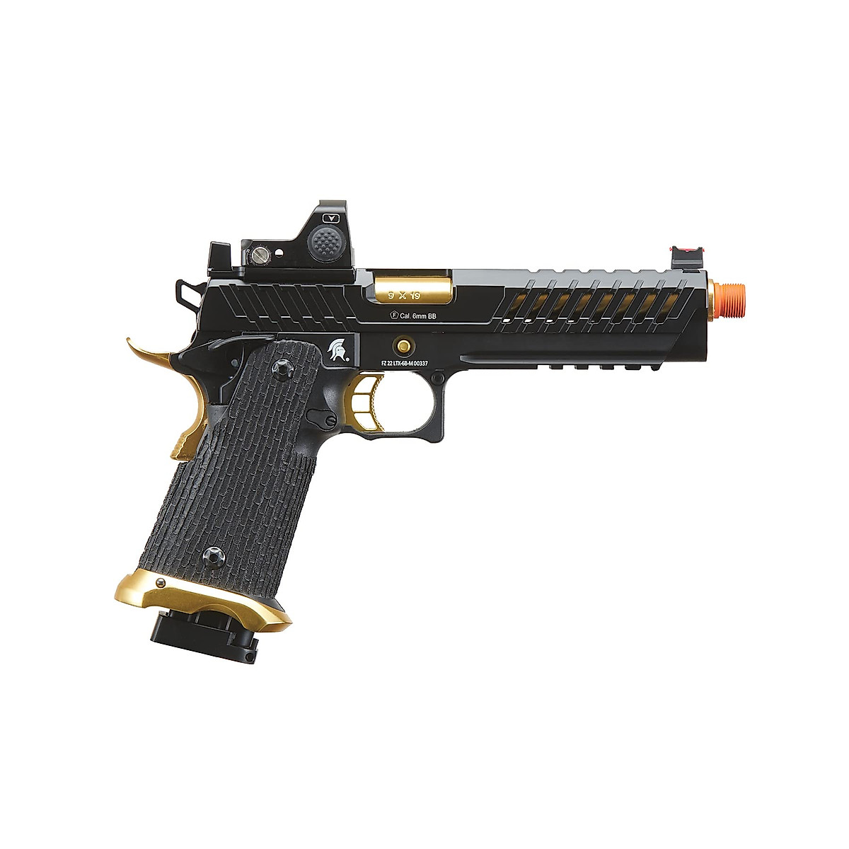 Lancer Tactical Knightshade Hi-Capa Gas Blowback Airsoft Pistol with Red Dot Mini Sight (Black/Gold)