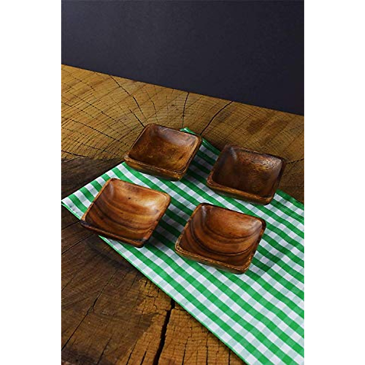 Acacia Handmade Wood Carved Plates - Set of 4 Calabash Bowls Size 4" (Square)