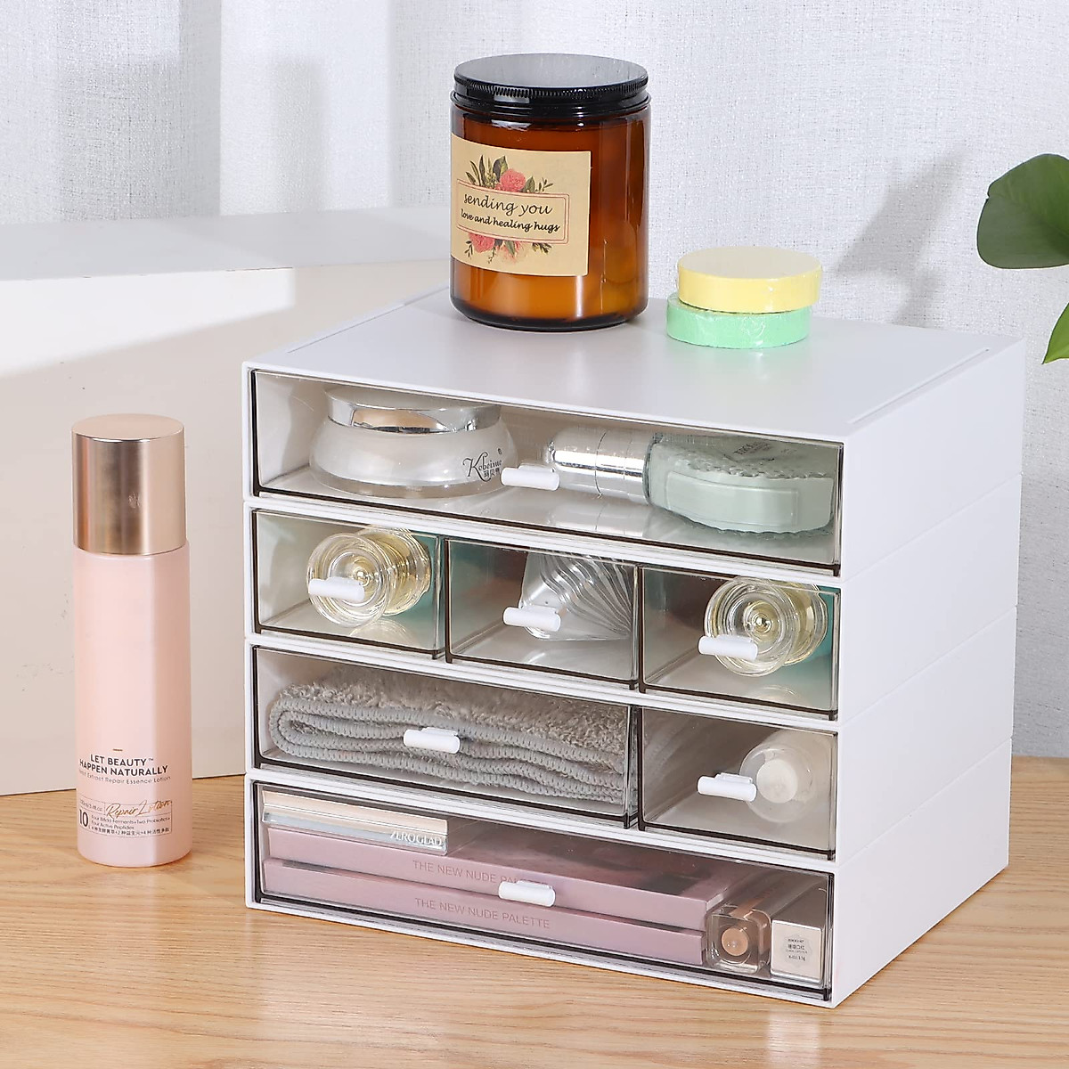 OSteed Desk Craft Organizer and Storage with 7 Flat Drawers, Stackable Plastic Desktop Accessories & Workspace Organizer for Office Stationary, Makeup Skincare, Sanitation Supplies, White