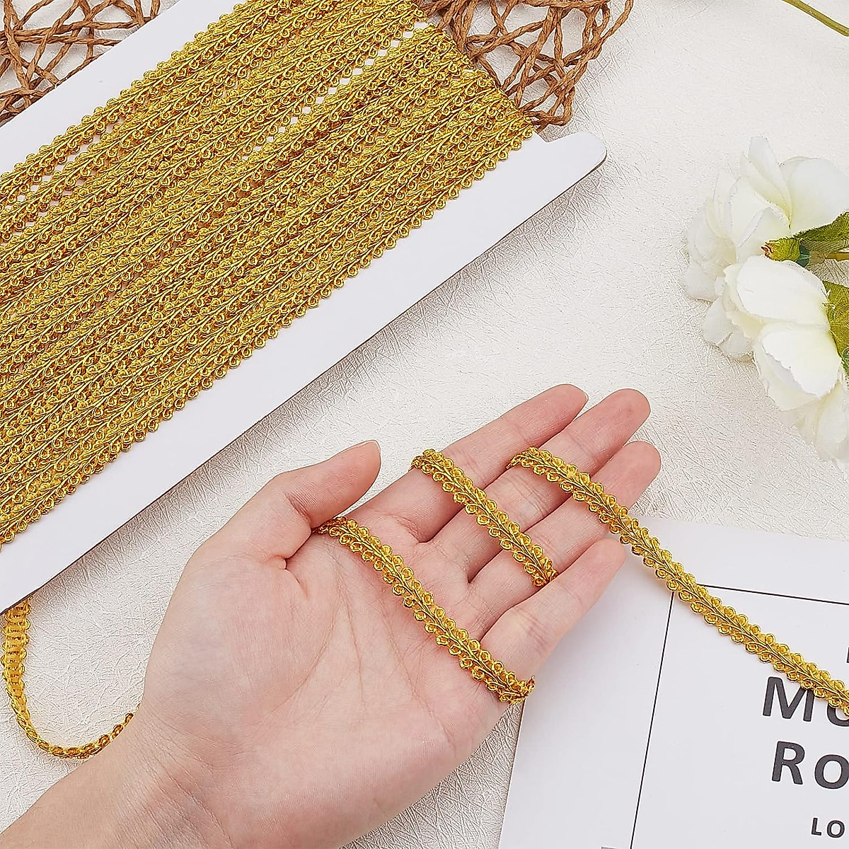 FINGERINSPIRE 14 Yards Metallic Braid Lace Trim, Flower Pattern Gold Centipede Lace Ribbon Decorated Gimp Trim for Wedding Bridal, Costume or Jewelry, Crafts and Sewing 1/4 inch(8mm) x1.3mm