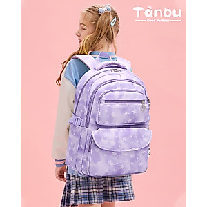 Tanou Backpacks for Girls 3PCs with Lunch Bag Pen Case, Lightweight Breathable Teens Girl Bookbags Sets for Primary Middle School, 22 Liters Cute Back Pack for Teenager 4+ Years, Purple Star