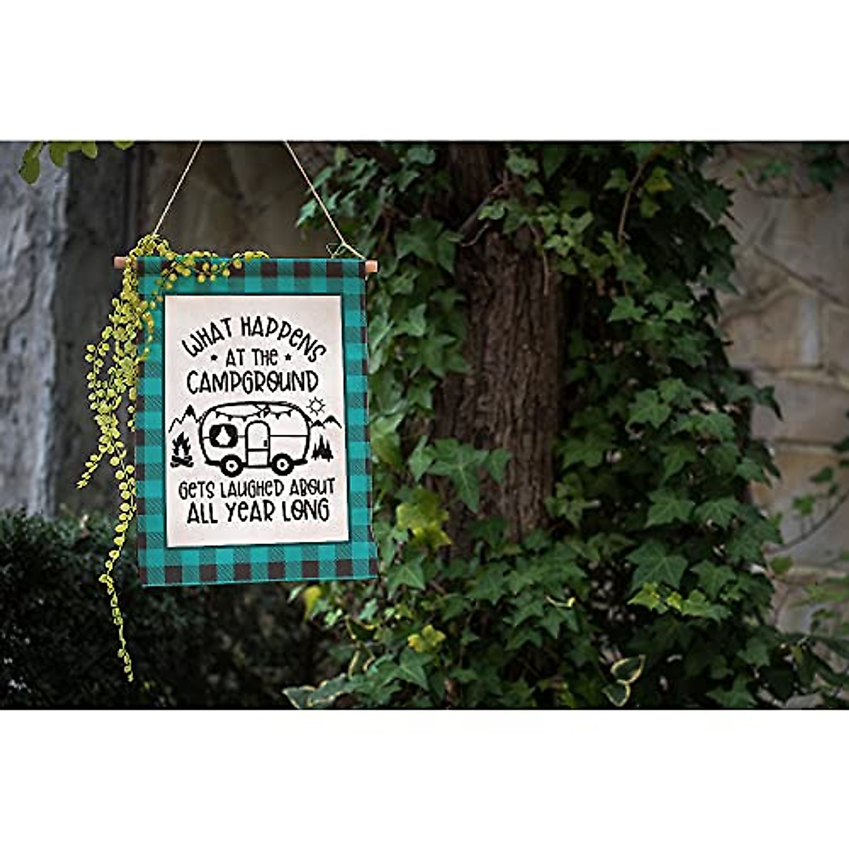 Moslion Camping Garden Flag 12.5x18 Inch Blue Black Plaid Bus Mountain What Happens at The Campground Get Laughed About All Year Yard Flag Burlap Banners Vertical Double Sided for Farm House Outside