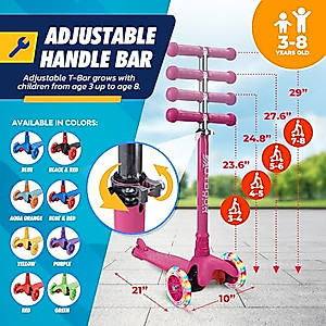 Outdoor Cruiser 3-Wheel Kids Scooter – with Lean-to-Steer Technology, Wide Deck, Led Lighted Wheel, 4-Level Adjustable Height T-bar Handle, Support Kids Up to 150 Lbs, for Boys & Girls Ages 3-8, Pink