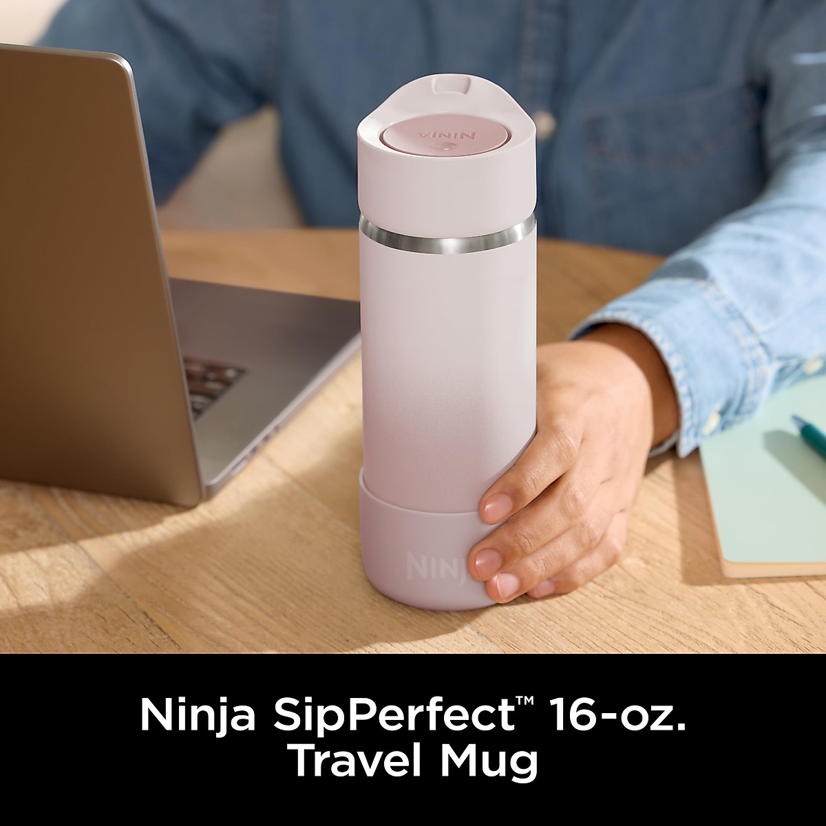Ninja, Travel Mug, Sip Perfect 16oz, Brings Hot Drinks to Sippable Temperature in Minutes, Stainless Steel, Leak Proof, Dishwasher Safe, Metal, Insulated Tumbler, Rose Quartz, DW1603PK
