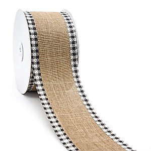 CT CRAFT LLC Burlap Plaid Buffalo Checkered Edge Wired Ribbon, 2.5" x 20 Yards x 1 Roll - Black with White, for Christmas, Home Decor, Gift Wrapping, Tree Topper Bow, Wreath, DIY Crafts