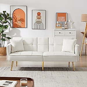 Woanke Convertible Sleeper wit Armrests Modern Velvet Sofa Bed for Living Room Office Folding Recliner Futon Couch with Metal Legs, Cream White