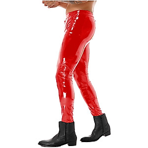 TSSOE Men Shiny Wetlook Patent Leather Skinny Pants Tight Zipper Crotch Clubwear Motor Biker Leggings Red Large