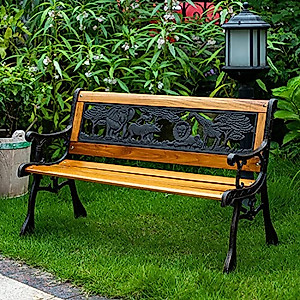 Metal Outdoor Bench Patio Bench Cast Iron Steel Frame Garden Bench Patio Furniture Chair Outdoor Wood Bench w/Animal Pattern Design Backrest, Wood Slatted Seat for Yard, Porch, Bronze