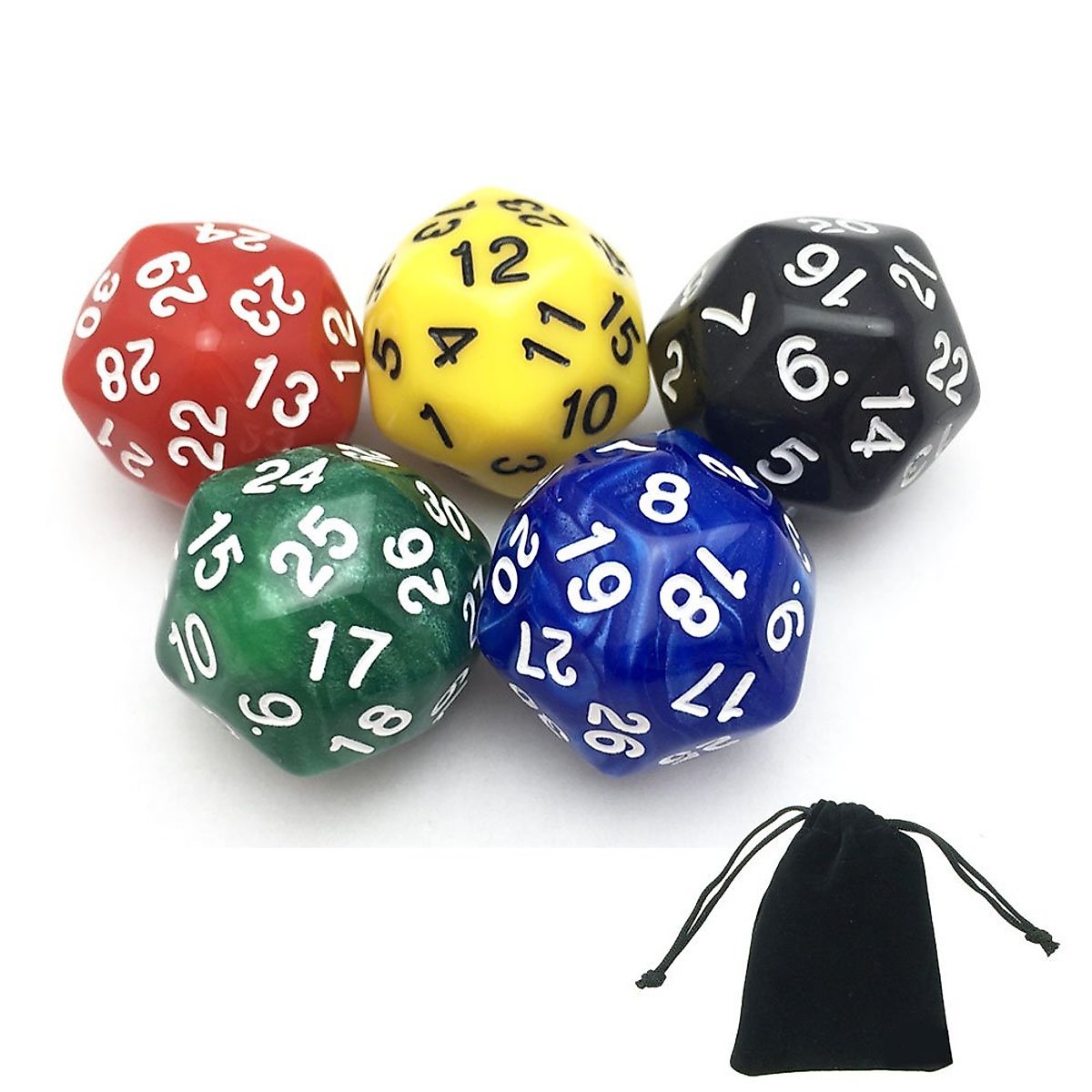 SmartDealsPro 5-Pack of Random Color D30 Polyhedral Dice for DND RPG MTG Table Games with Free Pouch