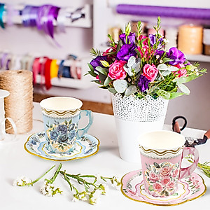 WorldBazaar Tea Party Cups and Saucers 24 Sets Floral Paper Cups with Handles 9oz Tea Party Decorations Flower Birthday Party Supplies Garden Baby Shower bulk