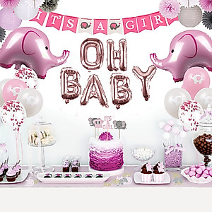 JYNTU Elephant Baby Shower Decorations (Pink)-Elephant Theme, Baby Shower Backdrop with Balloons, OH baby, It;s a Girl, Cake Topper, Paper Hanging Decoration(Flower,lantern)