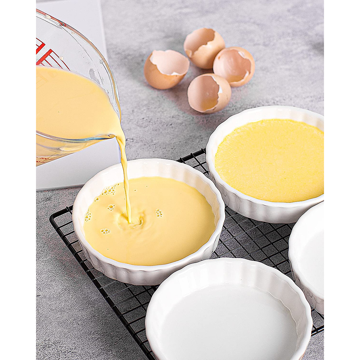 Taeochiy 8 Oz Creme Brulee Ramekins, Porcelain Ramekins Oven Safe, Round Tart Pan Mini Fluted Quiche Dishes, Set of 6, White