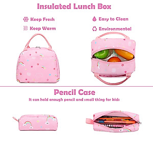 Girls Backpack with Lunch Bag Set, 3PCS Pink Unicorn Cat School Backpack with Pencil Case Large Capacity School Bookbags with Chest Strap for Preschool Kindergarten Elementary Girls