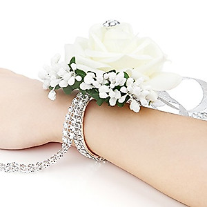 FAYBOX Wedding Prom Velvet Rose Rhinestone Corsage and Boutonniere Set With Silvery Ribbon Stretch Bracelet (Ivory*2)