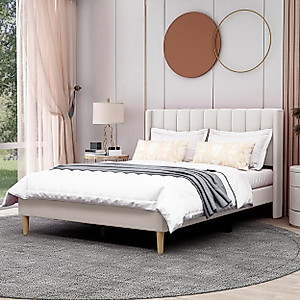 AGARTT Upholstered Platform Bed Frame Full Size with Headboard and Footboard/Wooden Slats Support/No Box Spring Needed/Easy Assembly, Beige Velvet