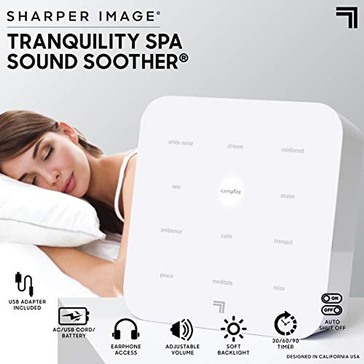 SHARPER IMAGE Ultimate Sleep White Noise Sound Machine for Adults and Baby, Portable Relaxing Music and Nature Sounds Therapy, Aids Sleeping, Stress and Anxiety Relief, with USB Cord
