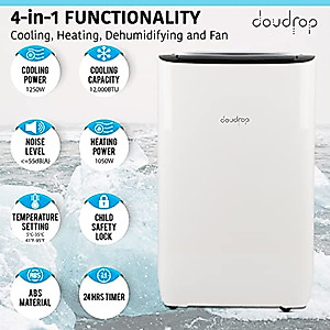 DOUDROP Portable AC Unit - 12000 BTU Air Conditioning System with Activated Carbon Filter & Remote Control - 4-in-1 Cooler, Heater, Dehumidifier & Fan Mode - 24H Timer, 360° Rolling Lockable Casters