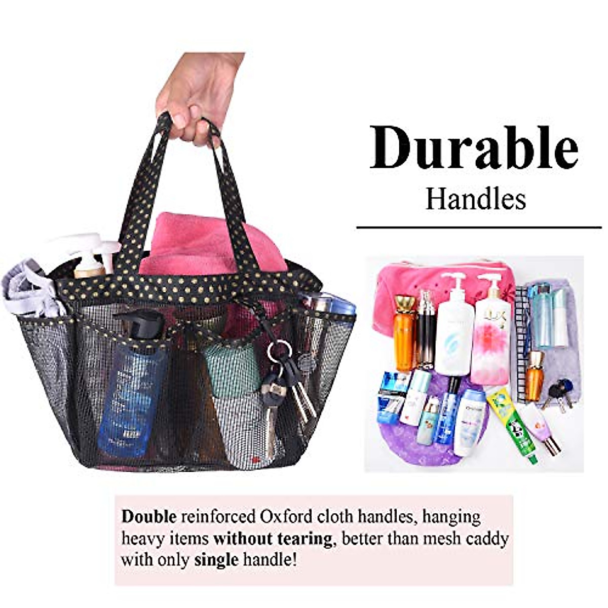 Haundry Mesh Shower Caddy Basket, Large College Dorm Bathroom Caddy Organizer with Key Hook and Oxford Handles, 8 Pockets, Hanging Portable Tote Bag for Camp Gym