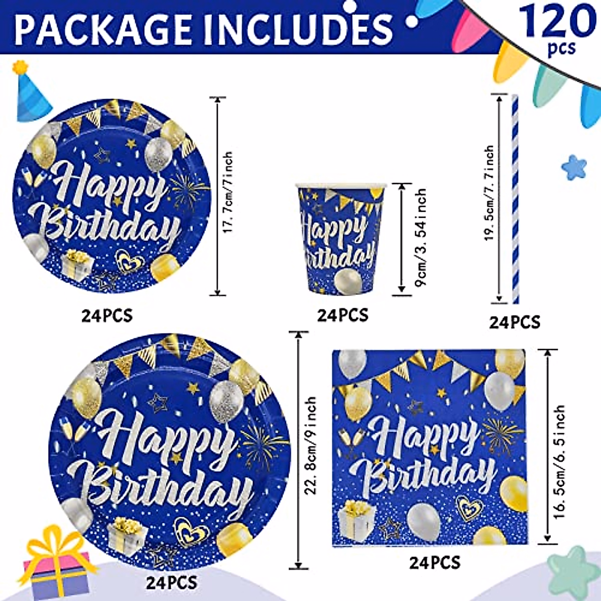 VYTSYD Blue Birthday Party Decorations Packs, 120 Pcs Blue and Gold Foil Dots Happy Birthday Party Supplies for Men Boys | Navy Blue Plates and Napkins Cups Straws Cutlery Set, Serve 24