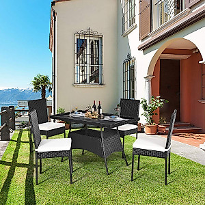 HAPPYGRILL 5-Piece Patio Dining Set Rattan Wicker Table Chairs Set with Cushions & Tempered Glass Table Top, Patio Furniture Outdoor Dining Set for Garden Poolside