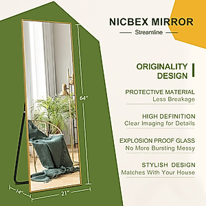 NicBex 64 x 21 Inch Full Length Mirror, Aluminum Alloy Frame Large Wall Mirror, Vanity Mirror, Bedroom Mirror, Dressing Mirror, Living Room Mirror, Gold, with Stand