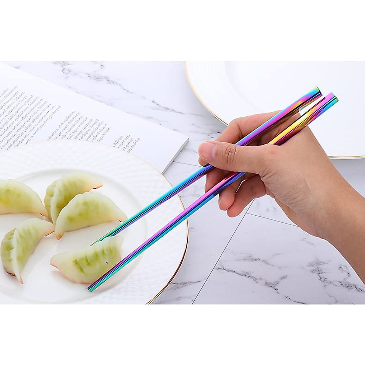 3 Pairs Rainbow Chopsticks and 3PCS Rainbow Spoons Set, Stainless Steel Chopstick and Spoon Perfect for Home and Kitchen