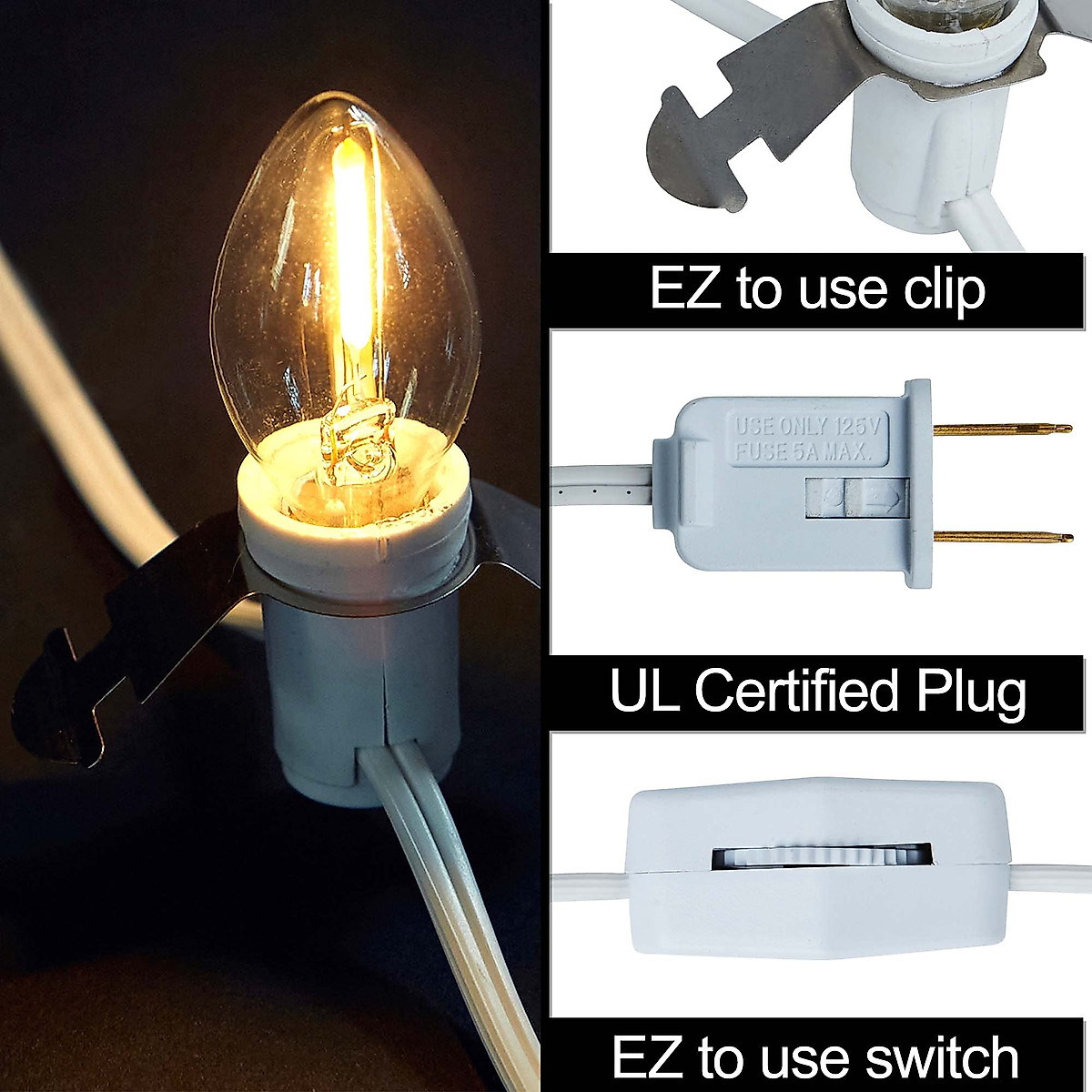 Three Bulb chainable LED Accessory Cord – 10ft Cord with Three (3) c7/e12 Candelabra LED Light Bulbs and Clips - Christmas Village, Decorations, Crafts, Lamp, Holiday (On/Off Switch)