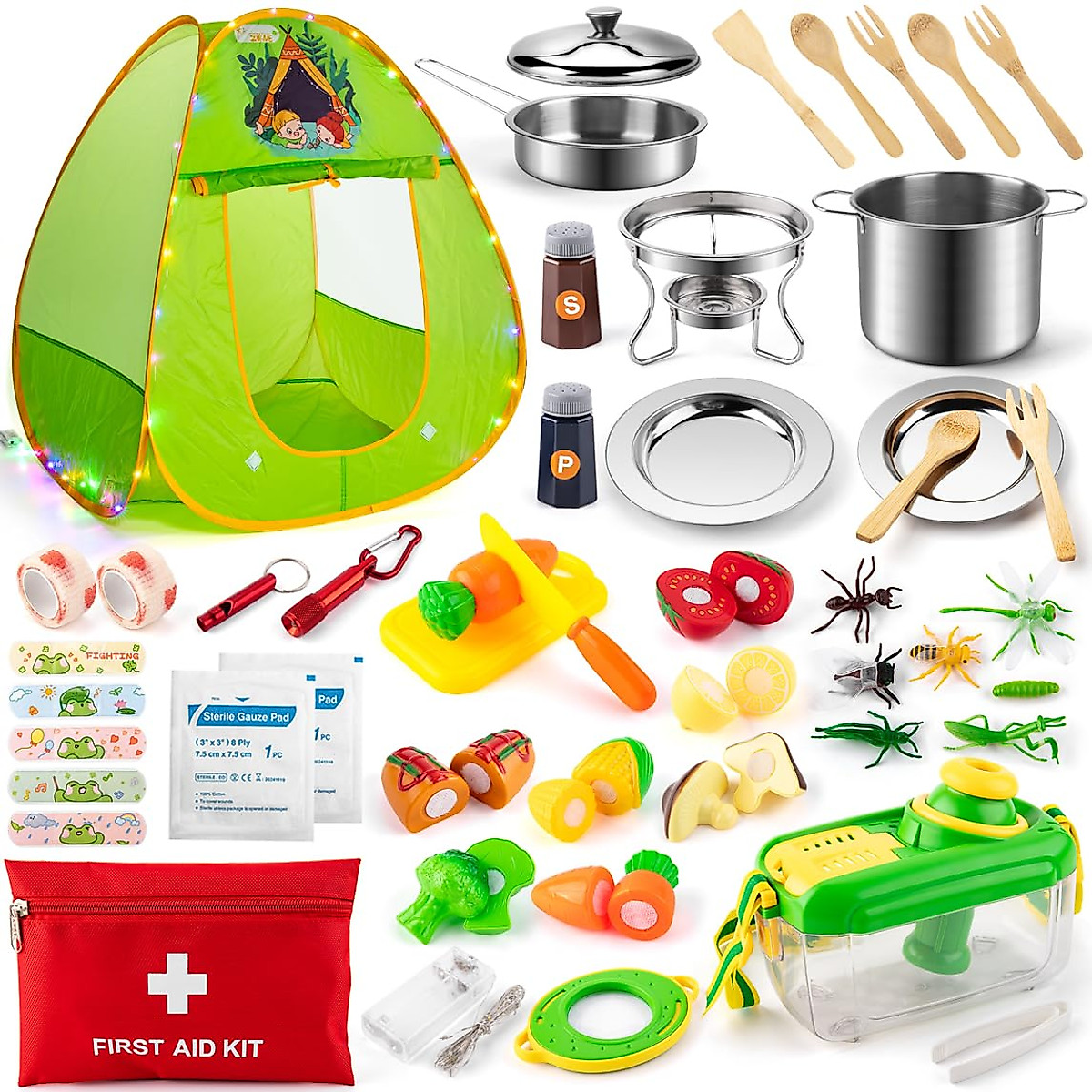 TIKJOYFUL 40 PCS Kids Camping Set, Pop Up Play Tent with Kids Cookware Toy, Outdoor Explore Kit & First AID playset, Indoor Outdoor Kids Pretend Play Toys for 3 4 5 6 7 8 Year Old Boys and Girls