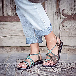 Plaka Palm Leaf Flat Summer Sandals for Women | Perfect for The Beach Walking & Dressy Occasions | Turquoise Gray | Size 8