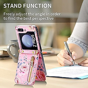 EAXER for Samsung Galaxy Z Flip 5 Case, Shockproof Women Rose Flower with Crossbody Strap Wallet Leather Stand Case Cover (Pink)