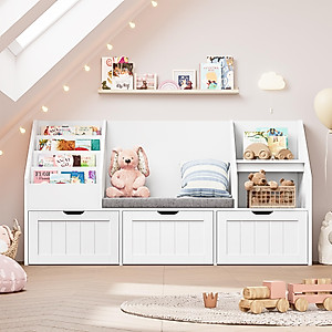 FOTOSOK 55.1’’ Kids Bookshelf with Reading Nook, Toy Storage Organizer with Seat Cushion and 3 Movable Drawers, Kids Reading Nook Toy Organizers and Storage with Bench for Playroom, Bedroom, White