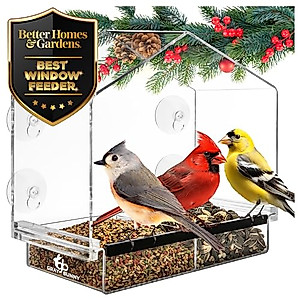 Window Bird Feeders for Outside - Large Bird House Style Window Bird Feeder - Window Bird Feeders with Strong Suction Cups with Drain Holes, Removable Tray, Large Seed Capacity and Rubber Perch