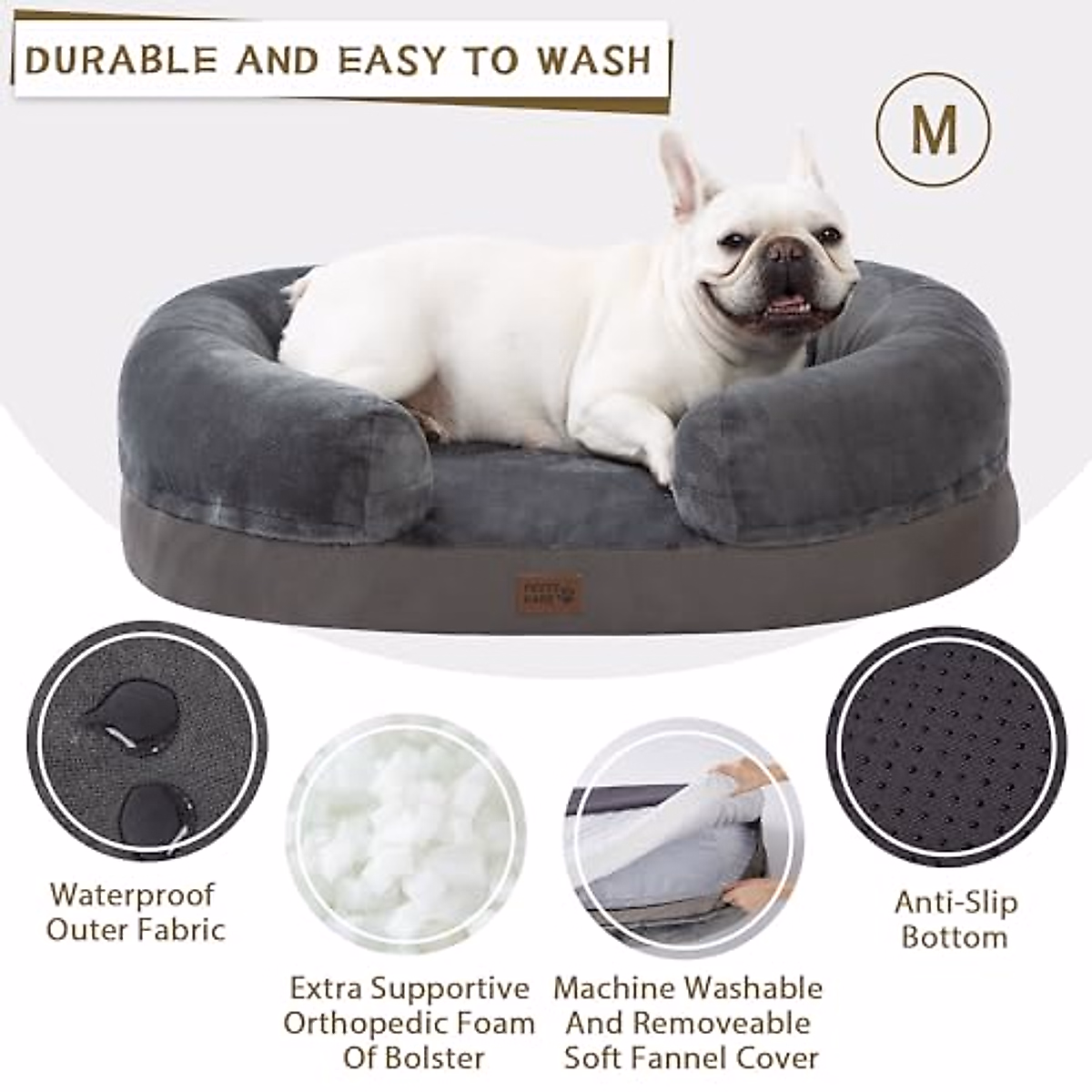 pettycare Orthopedic Dog Bed for Medium Dogs with Memory Foam, Waterproof Pet Bed Soft Sofa with Washable Removable Cover Anti-Slip Bottom, Extra Head and Neck Support Sleeper, 30” Dark Grey