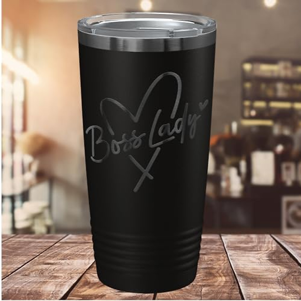 Boss Lady Big Heart Tumbler Birthday Gifts for Women, Coworker, Boss on Black with Ion Ghost Black Design 20 oz Stainless Steel Insulated Cup with Lid - Travel Mug for Mom