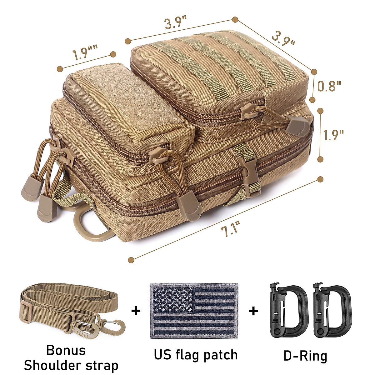 Tactical Molle Pouch Compact EDC Tool Pouch Bag Mini Utility Pouch with US Flag Patch, Shoulder Strap & Two D-Rings (Tan)