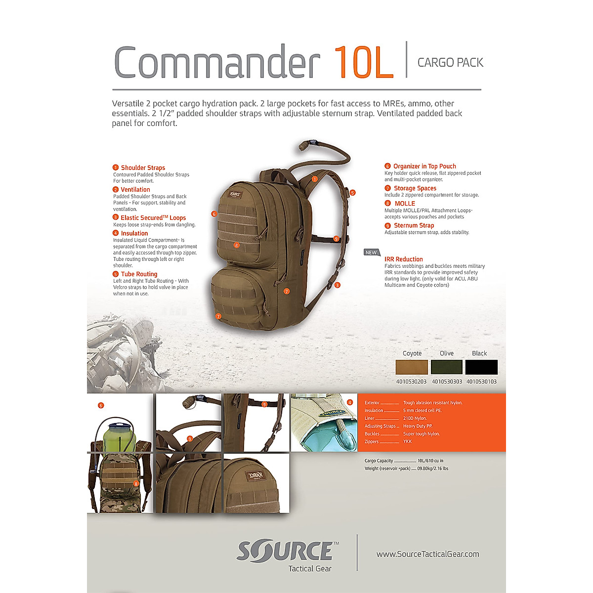 Source Tactical Commander 10L Hydration Pack with 3L WLPS Low Profile Hydration Bladder - Storm High-Flow Push-Pull Drinking Valve - MOLLE Webbing for Equipment Attachment