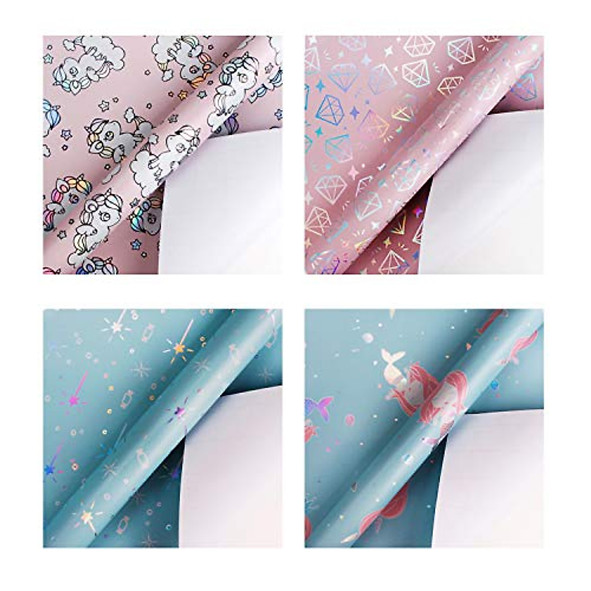 WRAPAHOLIC Wrapping Paper Roll - Mermaid, Fairy Stick and Diamond Cute Design with Colorful Foil for Birthday, Holiday, Baby Shower - 4 Rolls - 30 inch X 120 inch Per Roll
