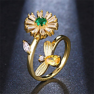 JILIYUPA 3Pcs Sunflower Fidget Rings For Women Girls Teen Men, Gold Bee Flower Butterfly Open Rings Set, Cubic Zirconia Ring Sunflower Flower Spinner Ring for Women Bridesmaid Bride Rings