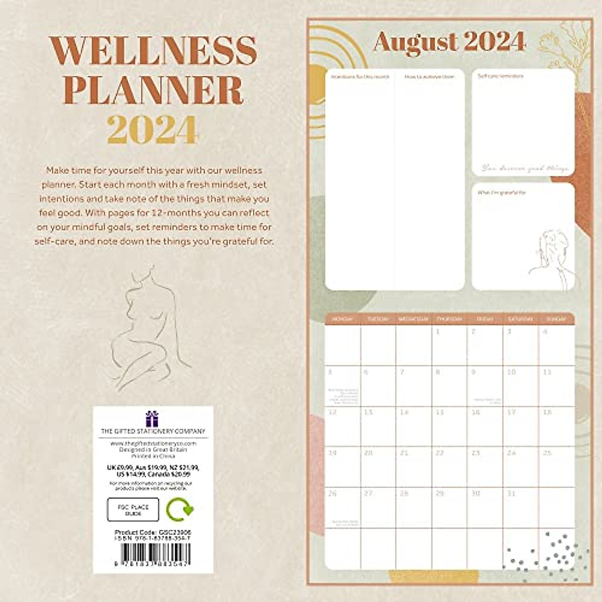 2024 Square Wall Calendar - Wellness Planner 12 x 12 Inch Monthly View, 16-Month, Art Theme, Includes 180 Reminder Stickers