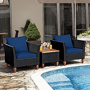 Tangkula 3 Piece Patio Furniture Set, Patiojoy Outdoor Wicker Rattan Bistro Sofa Set w/Washable Cushion, Acacia Wood Top Coffee Table, Conversation Set for Balcony Backyard Porch (Blue)