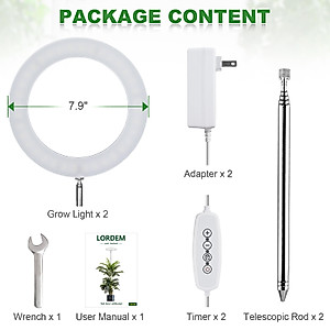 LORDEM Grow Light, 7.9" Full Spectrum LED Plant Grow Light, Height Adjustable Growing Lamp with Auto Timer 4H/8H/12H, 6 Dimmable Levels, 2 Packs