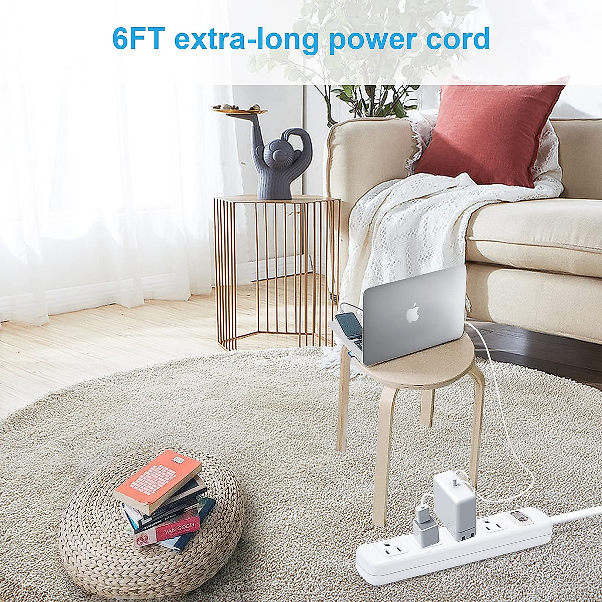 Flat Plug Power Strip, Surge Protector with 6 Ft Extension Cord, 4 Outlets, 15A ,125V, 1875W,300 J, Wall Mounted Power Strip for Home, Office, White