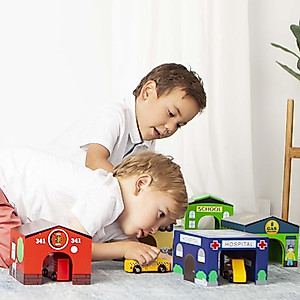 Excellerations 5.5 inches H, Wooden Town Block Play Structures, Houses, Set of 7, Preschool Educational Toy, Ages 3 Years and Up