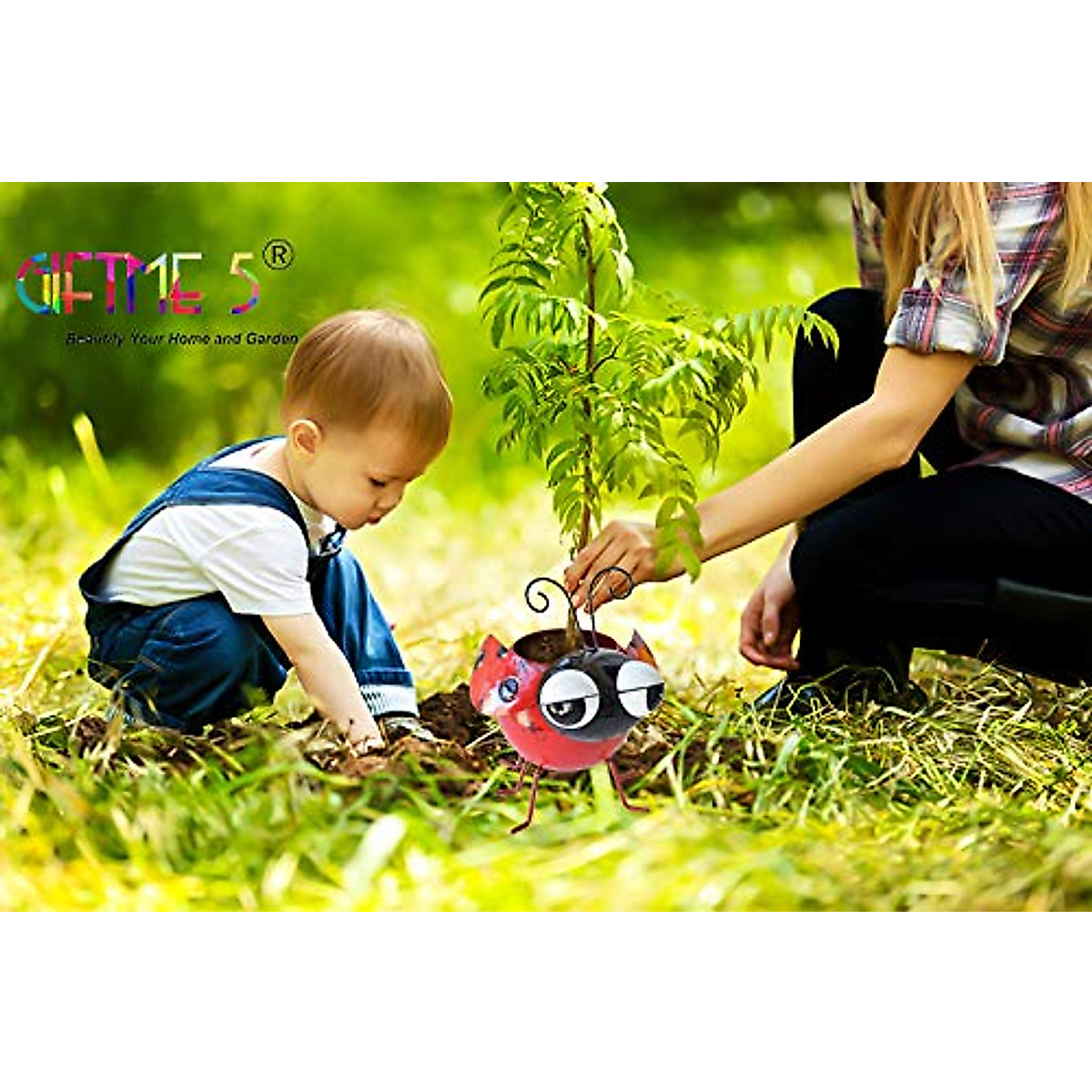 GIFTME 5 Succulent Planter,Metal Pot for Plants,Indoor or Outdoor Decorations Planter with Drainage(7.5Inch,1piece Ladybug Planter)