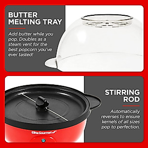 Elite Gourmet EPM330R Automatic Stirring 3Qt. Popcorn Maker Popper, Hot Oil Popcorn Machine with Measuring Cap & Built-in Reversible Serving Bowl, Great for Home Party Kids, Safety ETL Approved, Red